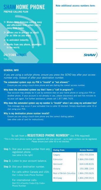 Shaw Home Phone - Prepaid Calling Card