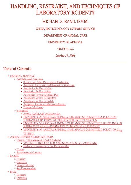 handling, restraint, and techniques of laboratory rodents