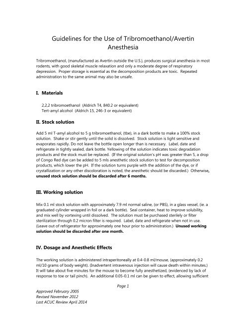 AVERTIN ANESTHETIC FOR MICE - NCI at Frederick
