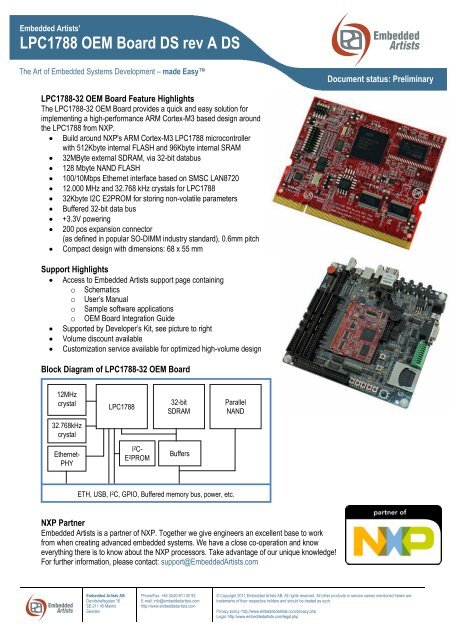 LPC1788 OEM Board Datasheet - Embedded Artists