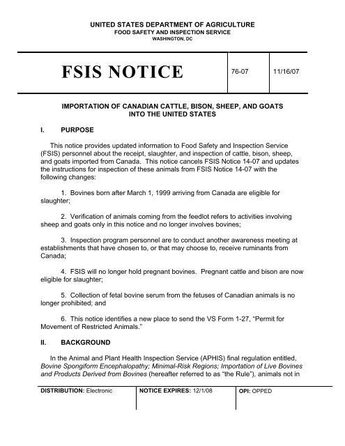 FSIS Notice 76-07 - Importation of Canadian Cattle, Bison, Sheep ...