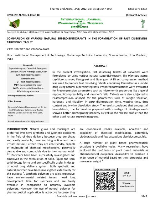 IJPSR (2009), Issue 1, Vol - International Journal of Pharmaceutical ...