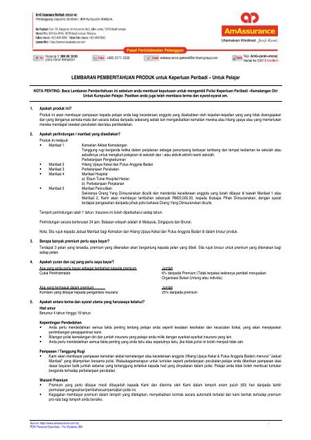 LEMBARAN PEMBERITAHUAN PRODUK untuk ... - AmAssurance