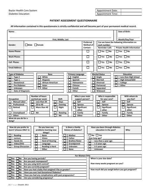 patient assessment questionnaire - Baylor Health Care System