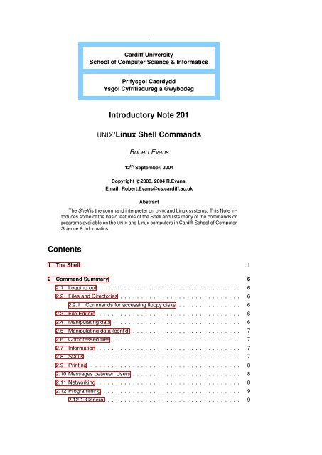 Introductory Note 201 Unixlinux Shell Commands Contents
