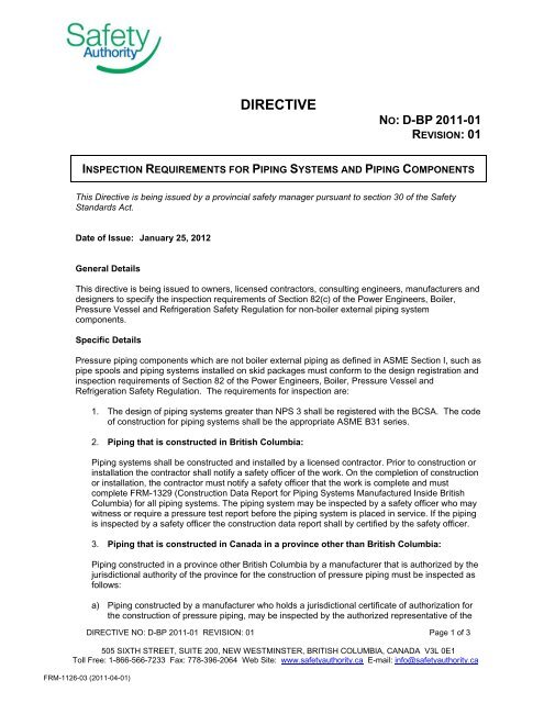 DIRECTIVE - BC Safety Authority