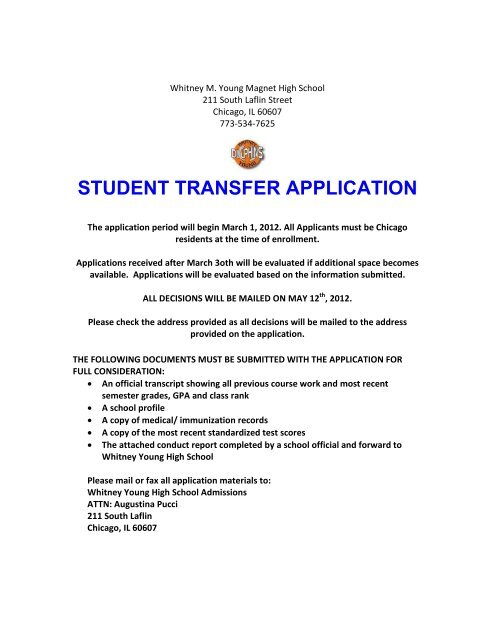 student transfer application - Whitney M. Young Magnet High School