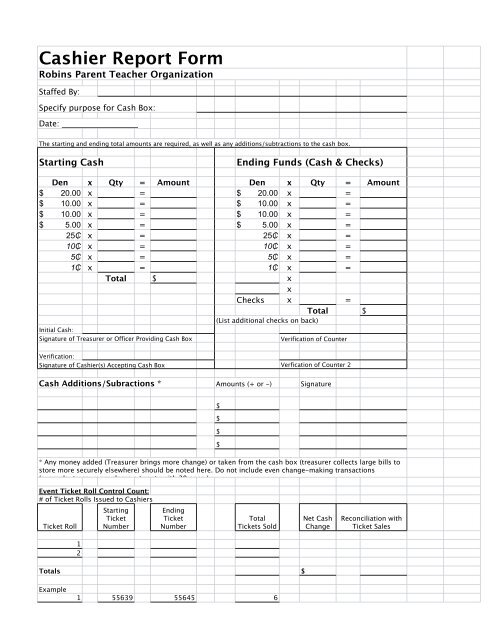 Robins PTO Cashier Report Form