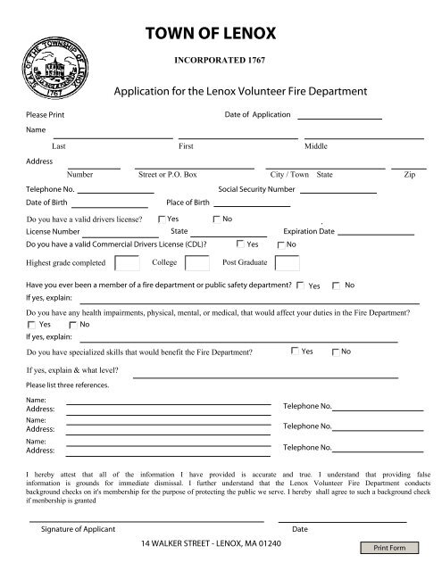 Lenox Fire Department Volunteer Application Form