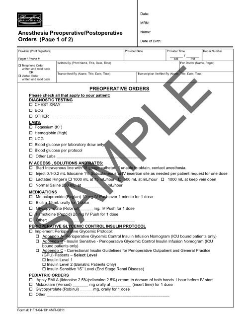 Anesthesia Preoperative/Postoperative Orders (Page 1 of 2)
