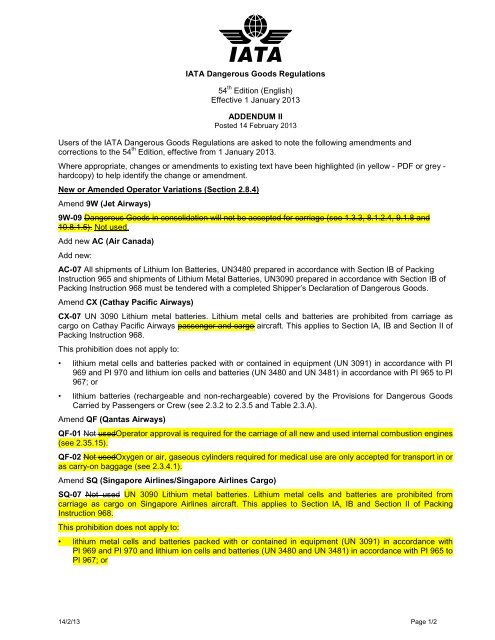 IATA Dangerous Goods Regulations 54th Edition (English) Effective ...