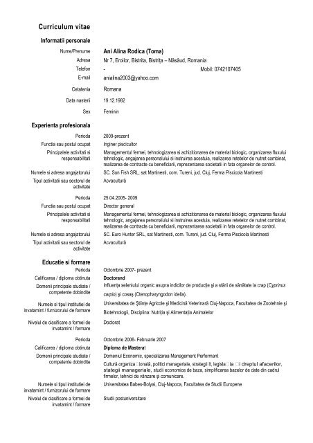 CV Alina Rodica Ani - USAMV Cluj-Napoca