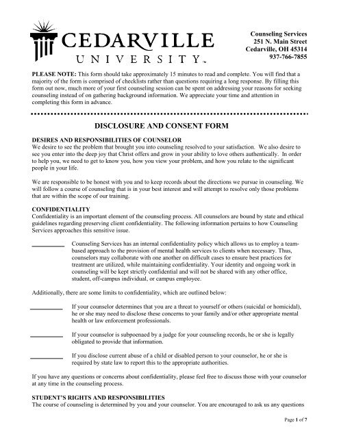 Disclosure and Consent Form (PDF) - Cedarville University