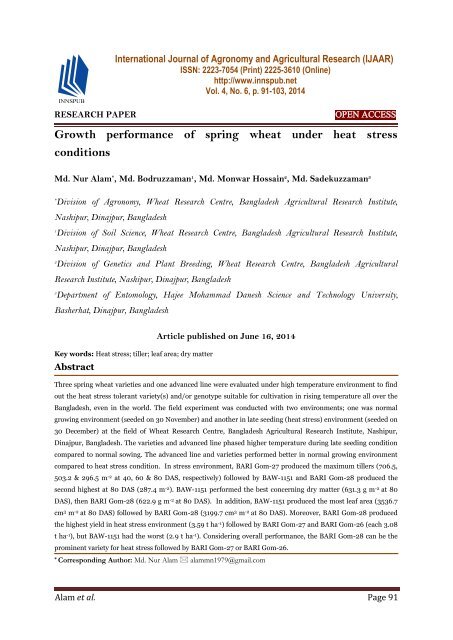 Growth performance of spring wheat under heat stress conditions