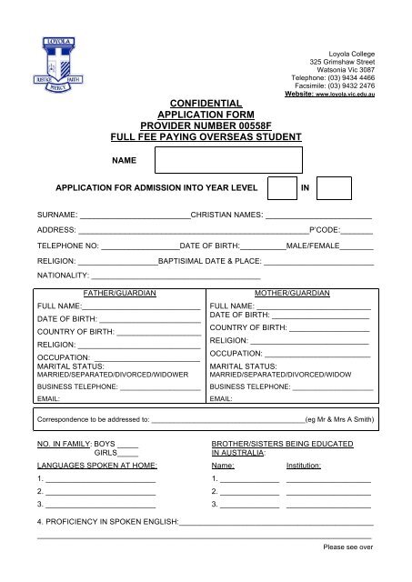 confidential application form provider number ... - Loyola College