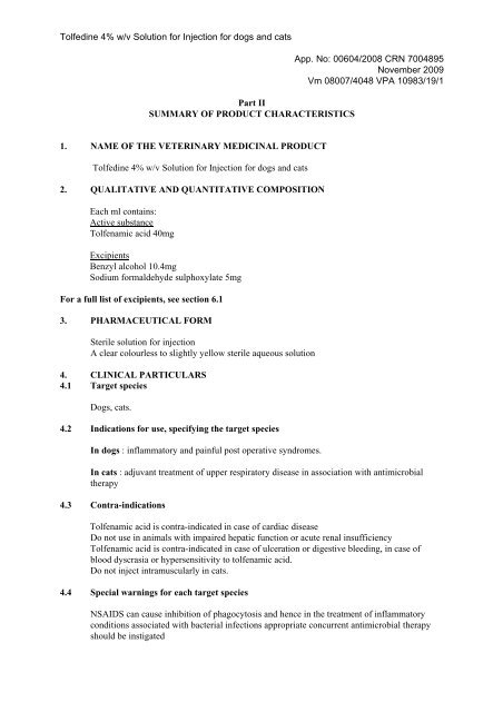 Tolfedine 4% w/v Solution for Injection for dogs and ... - Vetoquinol