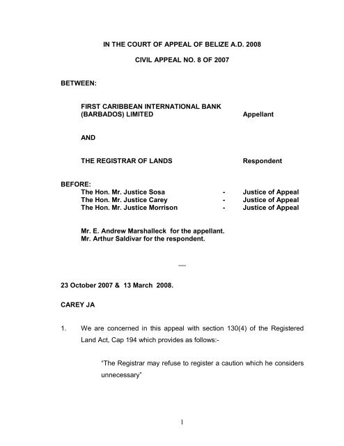 Civil Appeal No. 8 of 2007 - First Caribbean ... - Belize Law