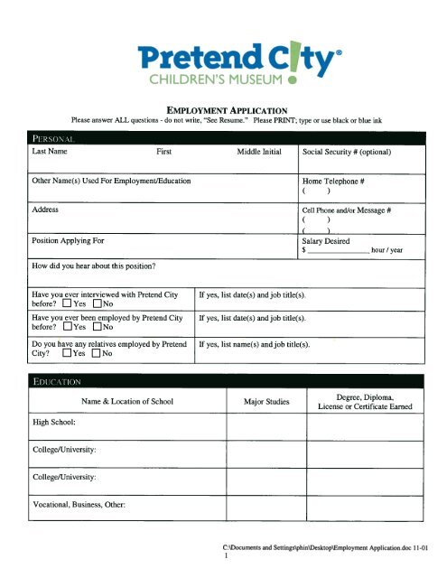 Job Application - Pretend City Children's Museum