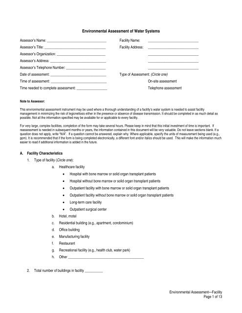 Environmental Assessment of Water Systems in Healthcare Settings
