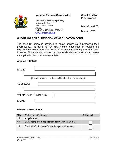 Checklist for PFC Licence - National Pension Commission - PenCom