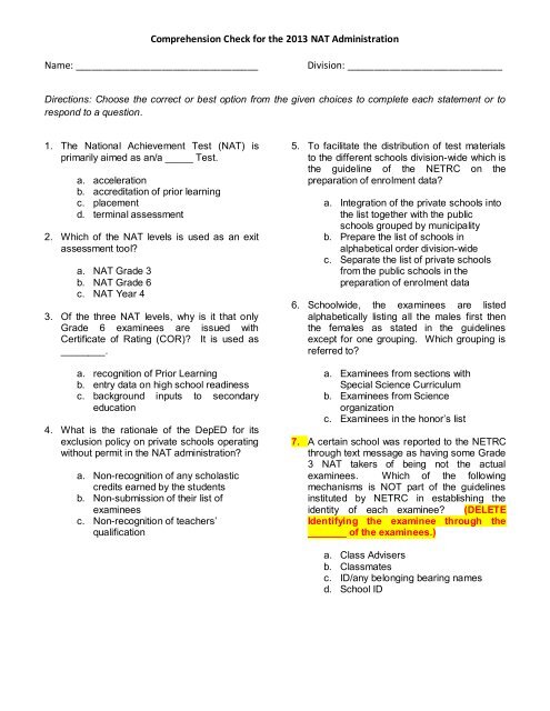 Comprehension Check for the 2013 NAT ... - DepEd Naga City