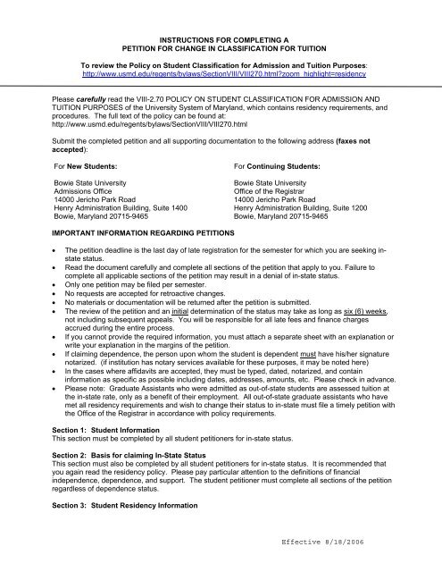 Residency Petition - Bowie State University