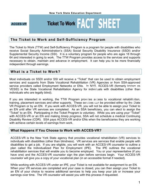 Ticket to Work Fact Sheet - acces - New York State Education ...