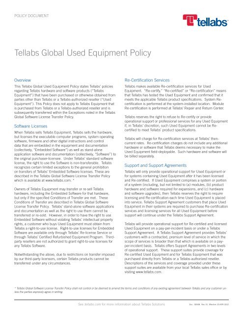 Tellabs Global Used Equipment Policy