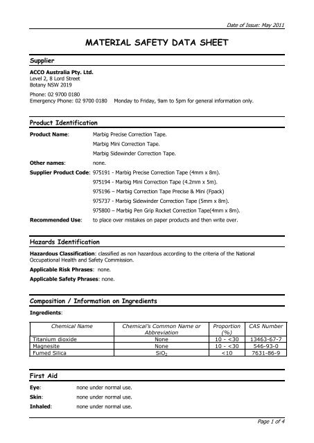 MATERIAL SAFETY DATA SHEET - ACCO Australia