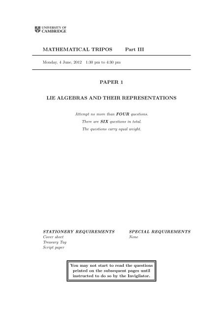 MATHEMATICAL TRIPOS Part III PAPER 1 LIE ALGEBRAS AND ...