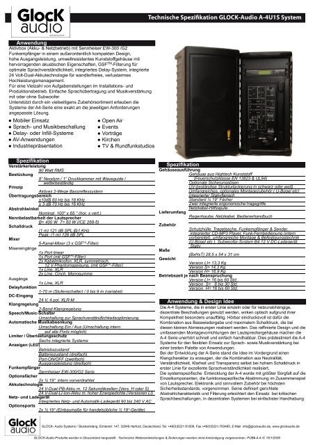 Produktblatt unserer Aktivbox GLOCK-Audio A-4S - glockenklang