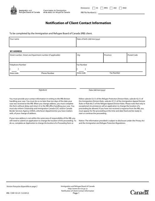 Notification of Client Contact Information - Immigration and Refugee ...