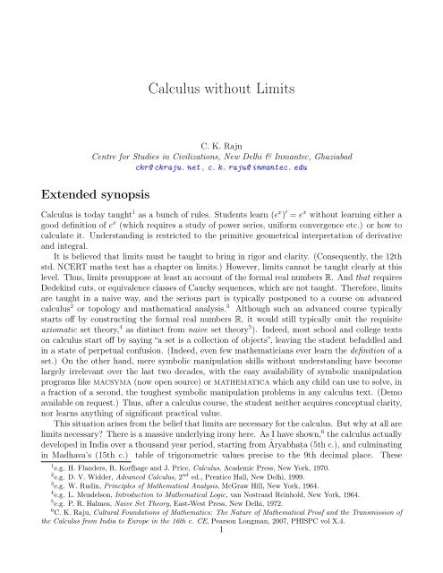 Calculus without Limits - CK Raju