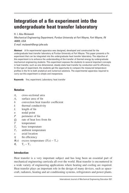Integration of a fin experiment into the undergraduate heat transfer ...