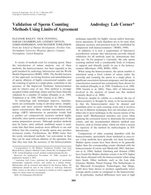 Andrology Lab Corner* Validation of Sperm Counting Methods ...