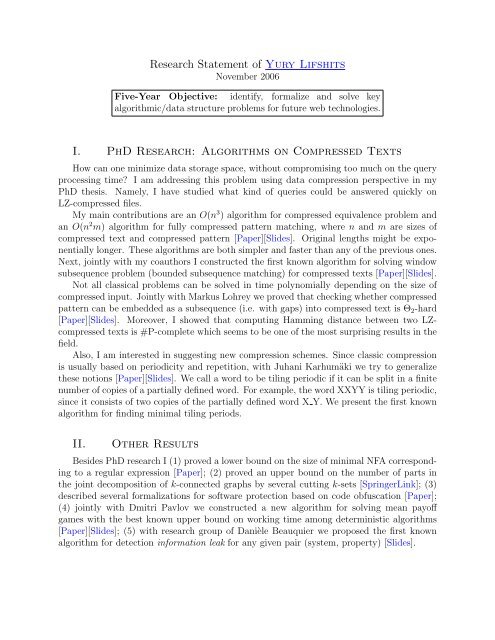 Research Statement of Yury Lifshits I. PhD Research: Algorithms on ...