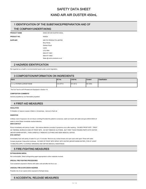 SAFETY DATA SHEET KAND AIR AIR DUSTER ... - Arctic Products