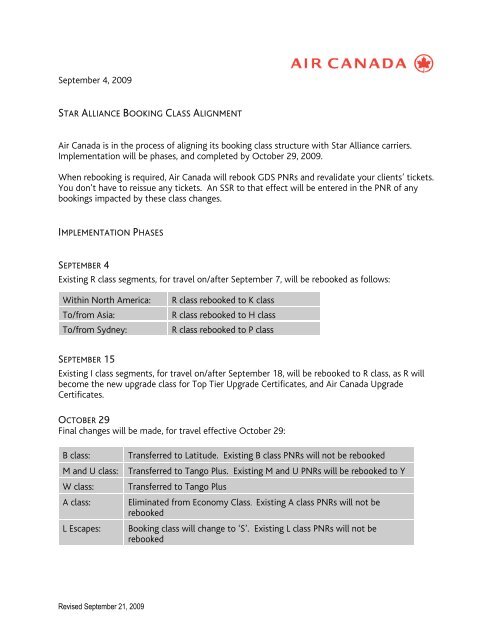 STAR ALLIANCE BOOKING CLASS ALIGNMENT - Air Canada