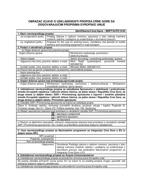obrazac izjave o uskla enosti propisa crne gore sa odgovarajuÄ im ...