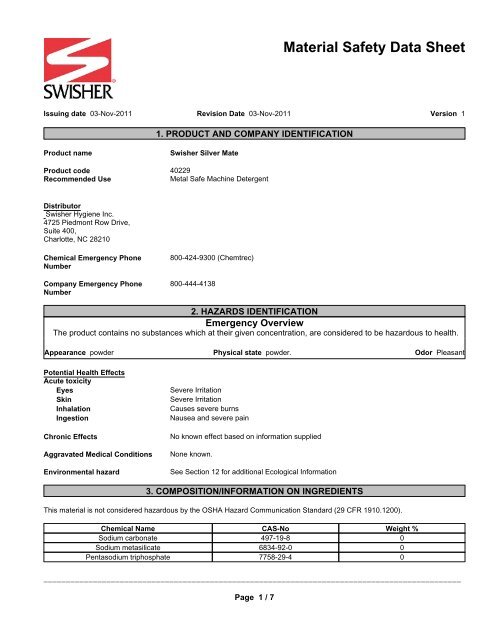 Material Safety Data Sheet - Swisher Hygiene
