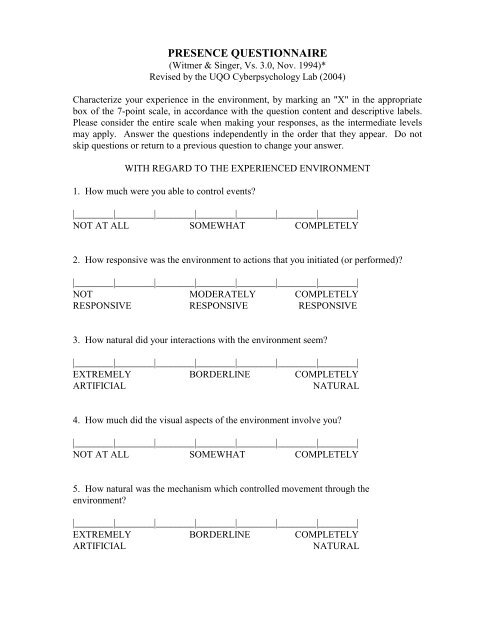 Presence Questionnaire (PQ)