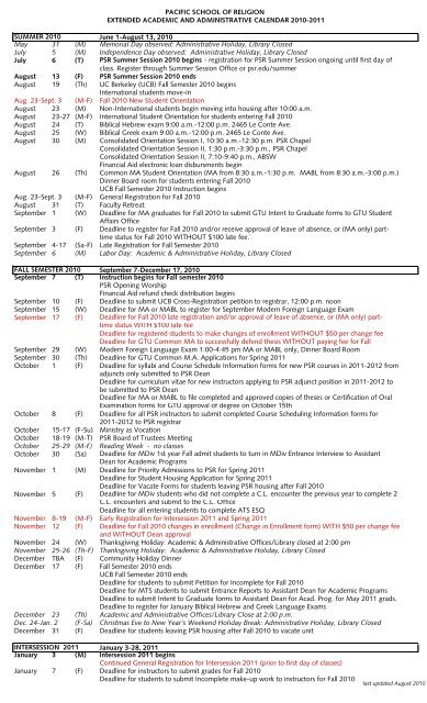 PSR Extended Calendar - Pacific School of Religion