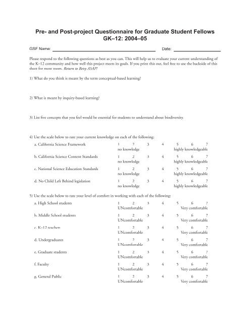 Pre- and Post-project Questionnaire for Graduate Student Fellows ...