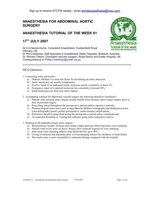 ANAESTHESIA FOR ABDOMINAL AORTIC SURGERY ... - aagbi