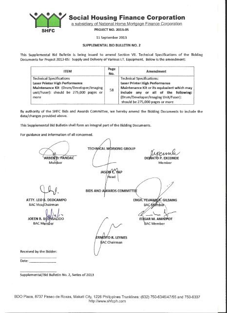 Supplemental / Bid Bulletin - Social Housing Finance Corporation