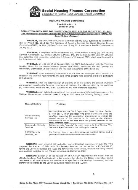 Resolution No. 13 - Social Housing Finance Corporation