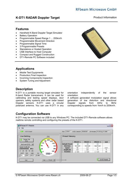 K-DT1 RADAR Doppler Target Features Applications ... - RFbeam