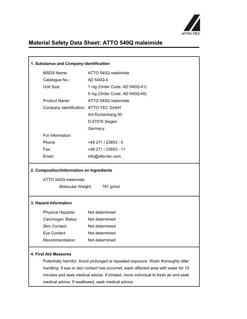 Material Safety Data Sheet: ATTO 390 NHS-ester - ATTO-TEC GmbH