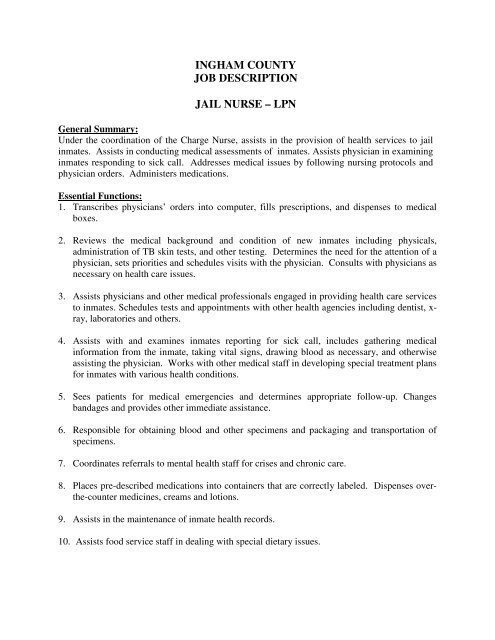 INGHAM COUNTY JOB DESCRIPTION JAIL NURSE â LPN