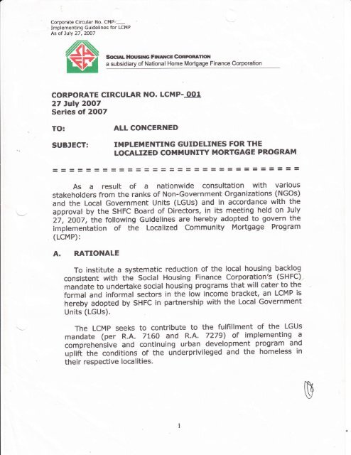 No. 001 - Social Housing Finance Corporation